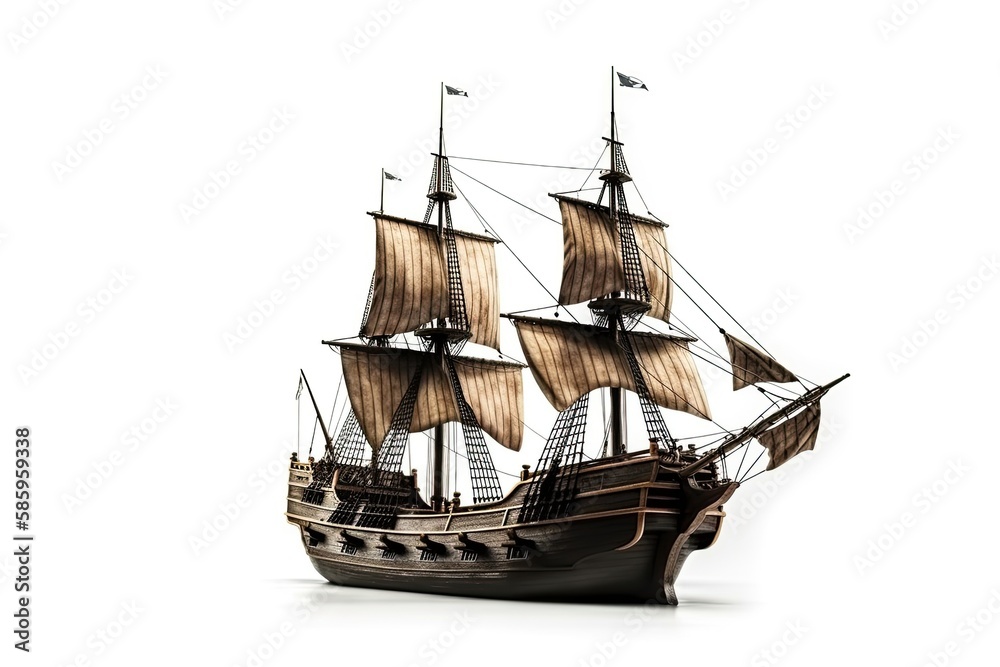 On a white background is a 16th century pirate ship model. It is a ...
