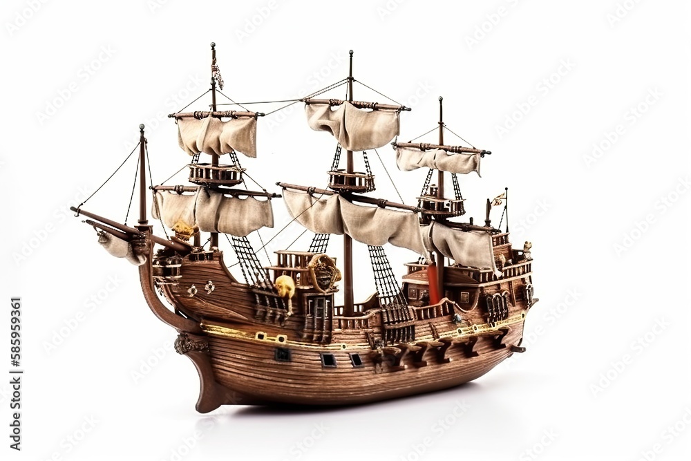 A galleon sailing ship from the 16th century is shown on a plain white ...