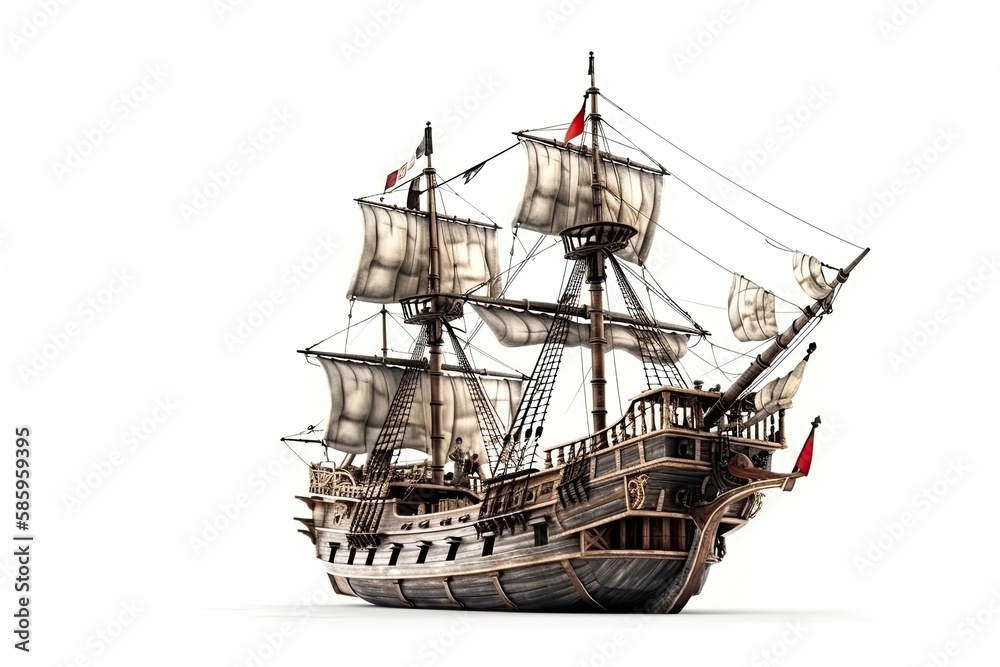 A pirate ship from the 16th century is shown on a plain white ...