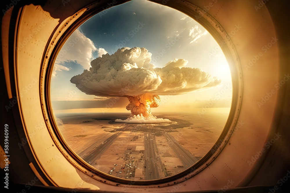 From an airplane window, a nuclear explosion can be seen, producing a ...
