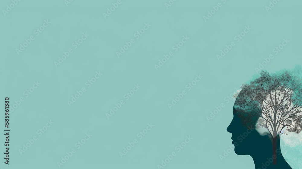 Mental health wellbeing and self care green background with tree coming ...