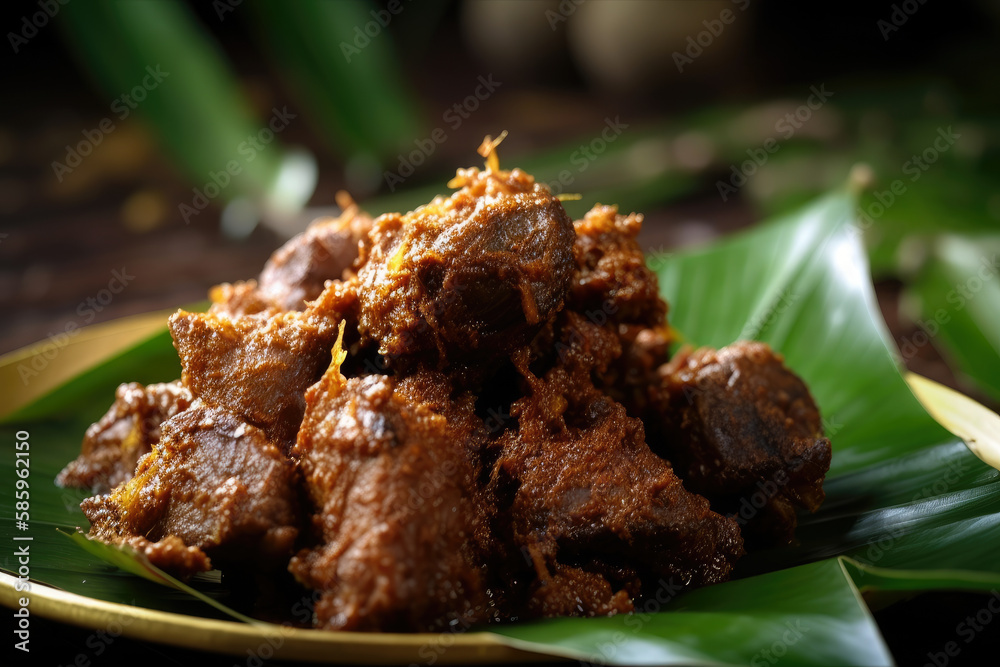 Macro image of Rendang meat, slow-cooked for hours with traditional ...