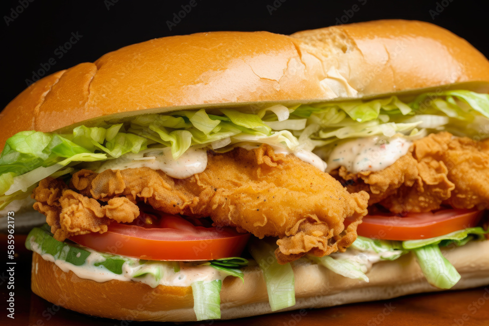 Macro image of a cross-section of a fried catfish po' boy sandwich ...