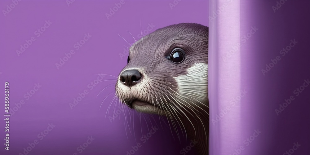 Curious otter peeks around purple corner on plain background, concept ...