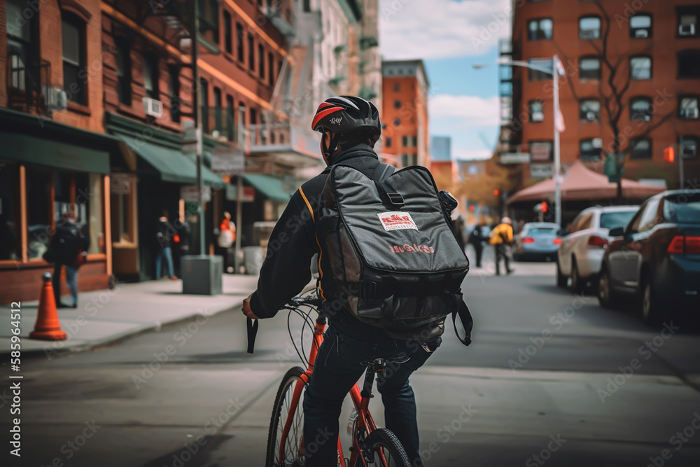 Deliveryman on Bicycle, back view. Courier on Bicycle in New York City ...
