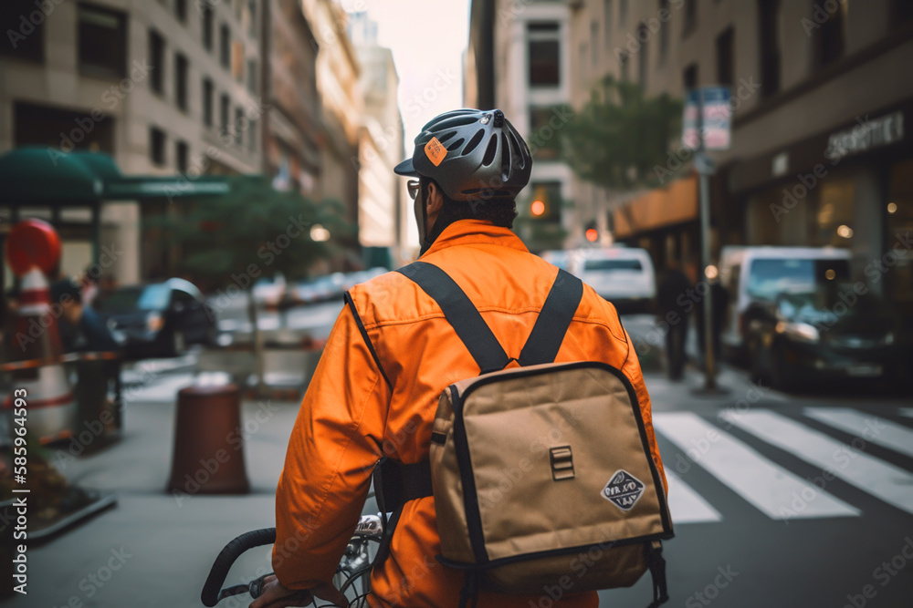 Deliveryman on Bicycle, back view. Courier on Bicycle in New York City ...