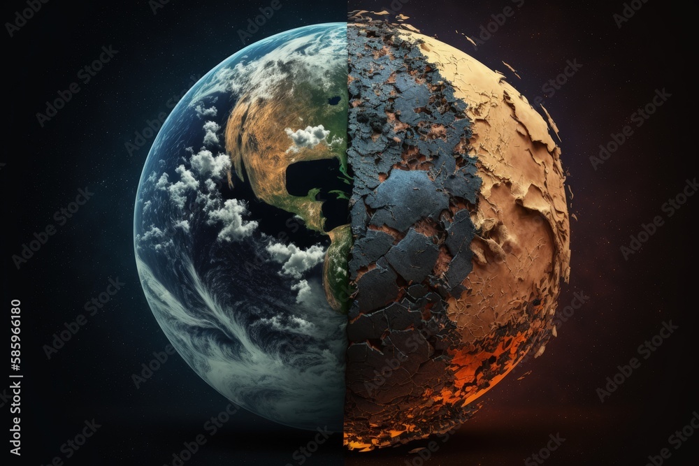 Planet earth with one half destroyed and one half preserved, earth day concept, environment ...