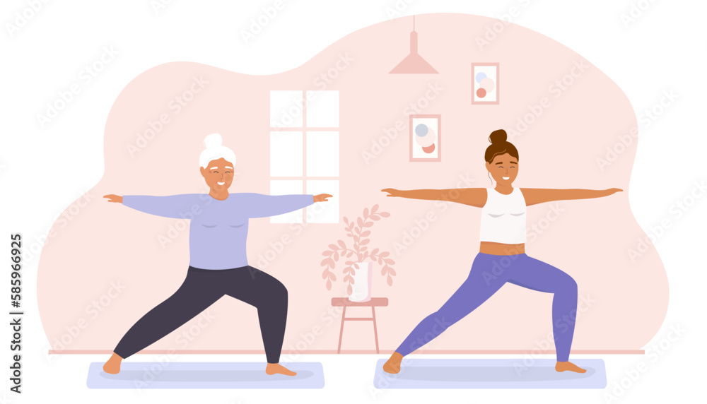 Young and elderly women do yoga, do gymnastics. The coach teaches ...