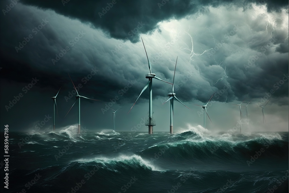 A storm at sea hits a group of offshore wind turbines. Ai generated ...