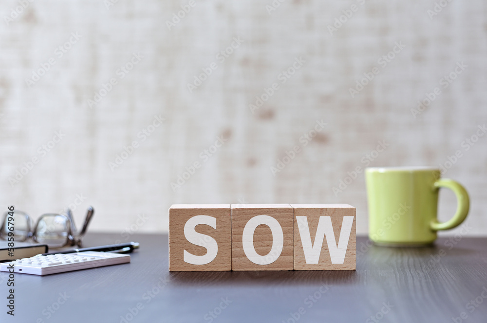 There is wood cube with the word SOW. It is an acronym for Statement Of ...