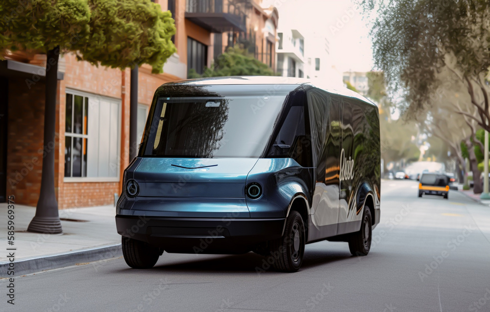 Electric Van Delivering on road. Driver of Electric cargo van delivers ...