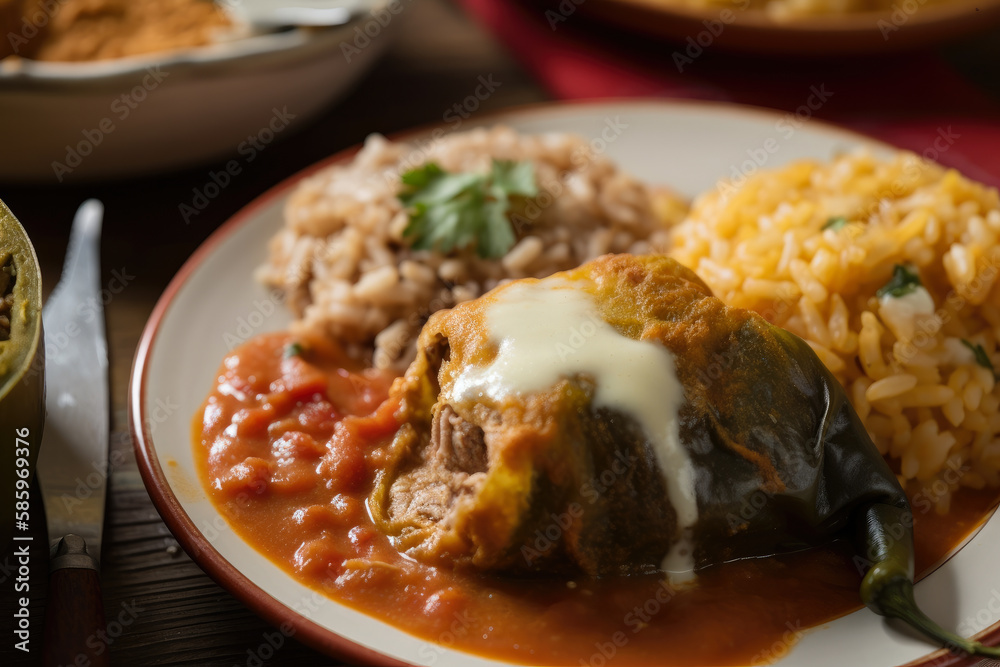 Delicious close-up of a golden-brown battered Chiles Rellenos stuffed ...