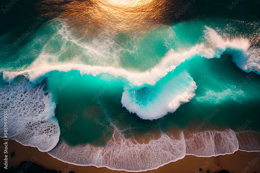 Sea waves, top view. Seashore sea waves, bright beach. Wave at beach ...