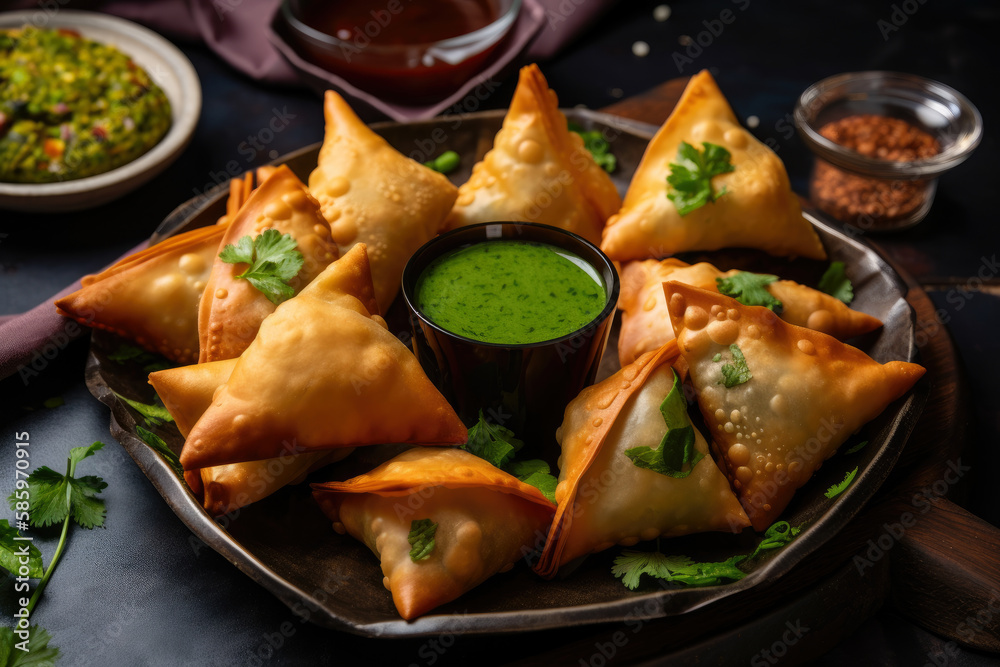 colorful platter of samosas with a tangy and spicy paneer filling ...
