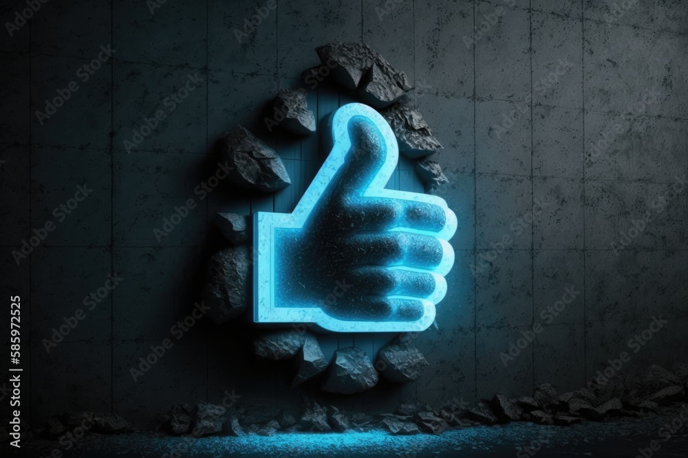 light blue neon electric thumb up symbol on the black wall Stock ...