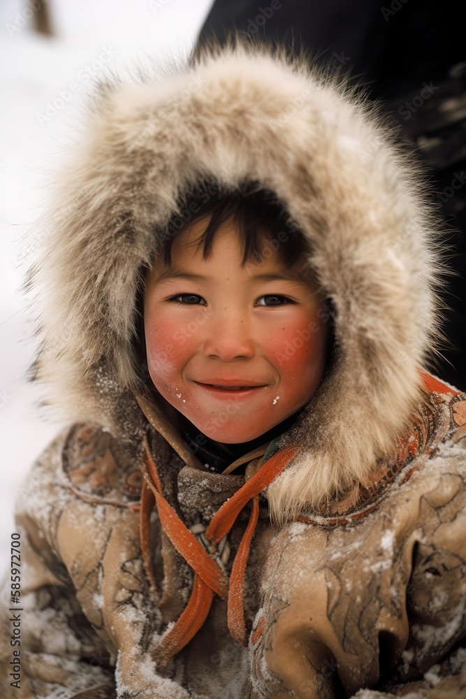 Cute Inuit boy wearing traditional winter clothes and looking at camera ...