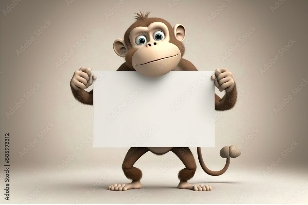Mockup Cartoon Affe hält ein weißes Schild hoch. Ideal, um Text auf das ...