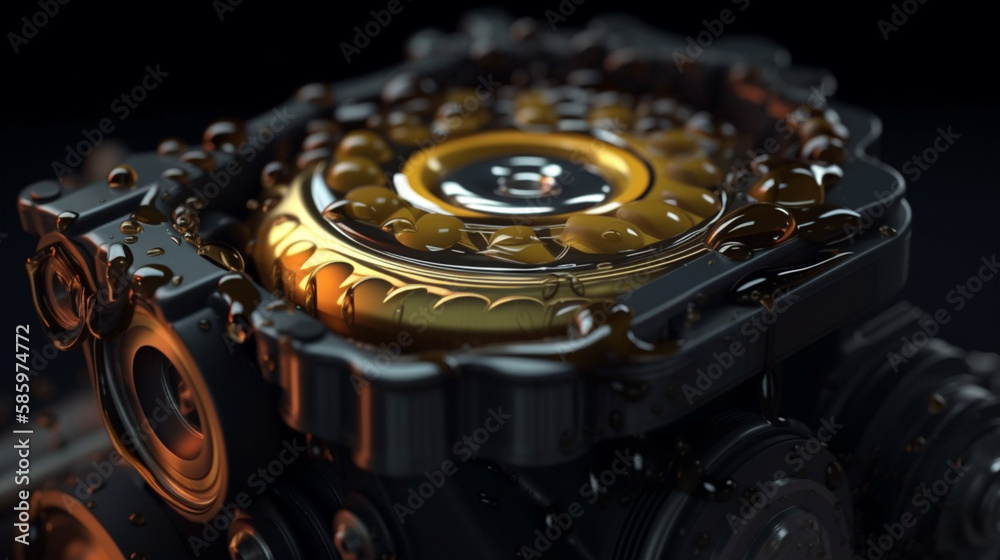 3d illustration of car engine with lubricant oil on repairing. Concept ...