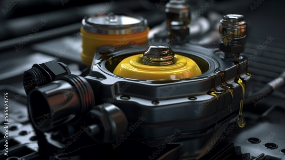 3d illustration of car engine with lubricant oil on repairing. Concept ...