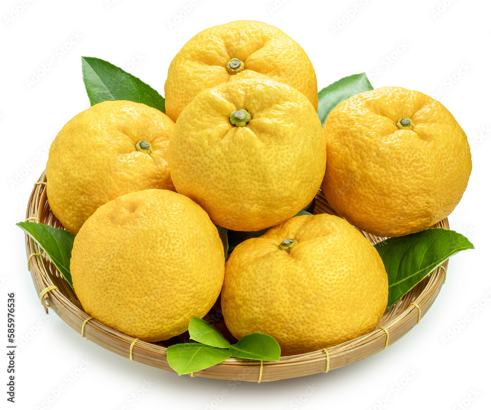 Sweet Yuzu Orange fruit in wooden basket isolated on white background ...