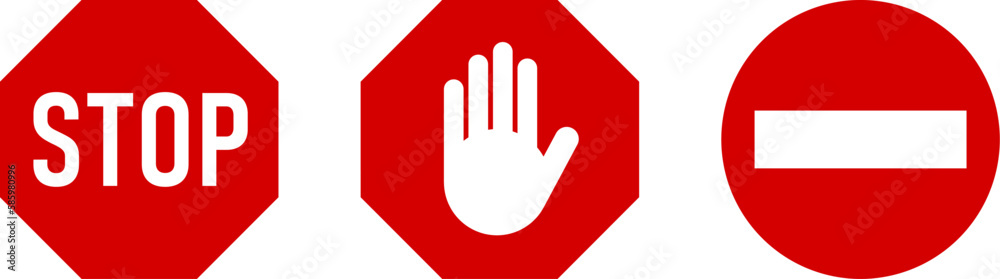 Icon Set of Red Stop Sign and Stop Hand Adblock Octagonal Symbol ...