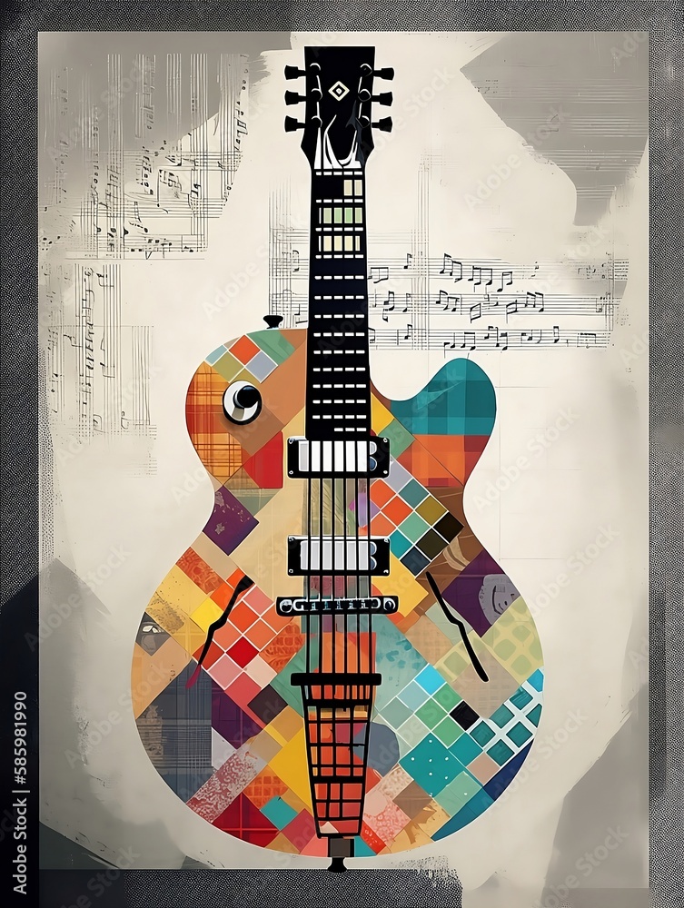 fine art print of an six-string electric guitar, collage, modern-retro ...