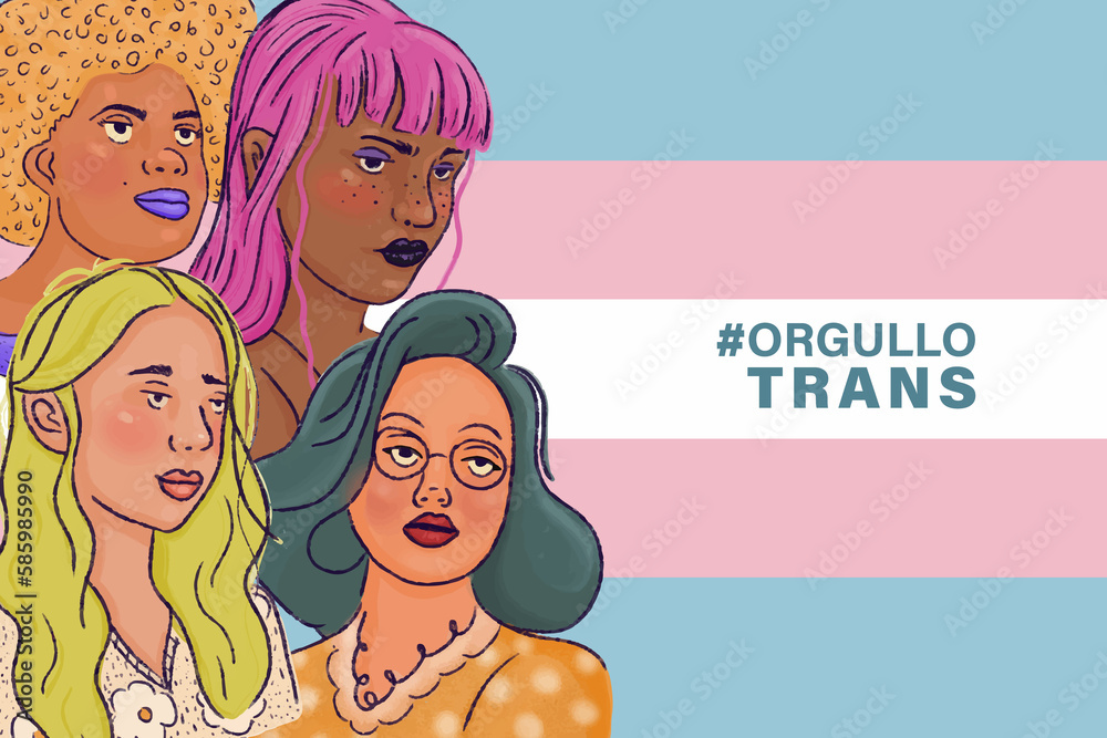 Ilustración de orgullo transgénero con mujeres trans sobre bandera ...