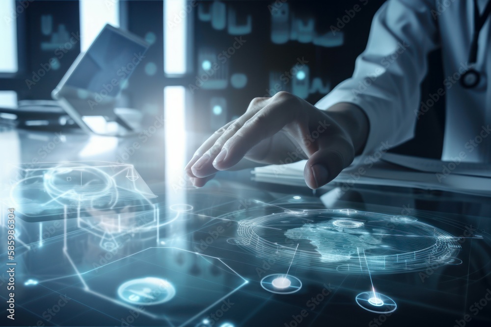 The palm of the doctor's hand in space on the background of ...