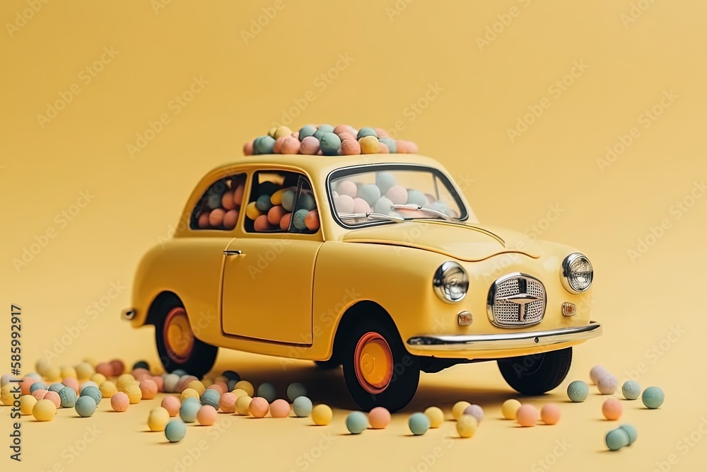 yellow car decorated with various types of candy on its roof created ...