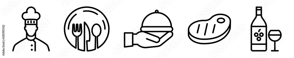 Conjunto de iconos de restaurante. Cocinero, comida, cubiertos, carne ...