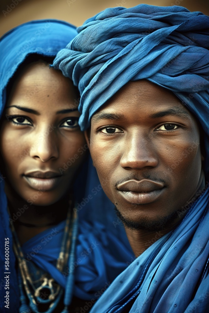 Tuareg tribe couple wearing blue traditional headscarf. Portrait ...