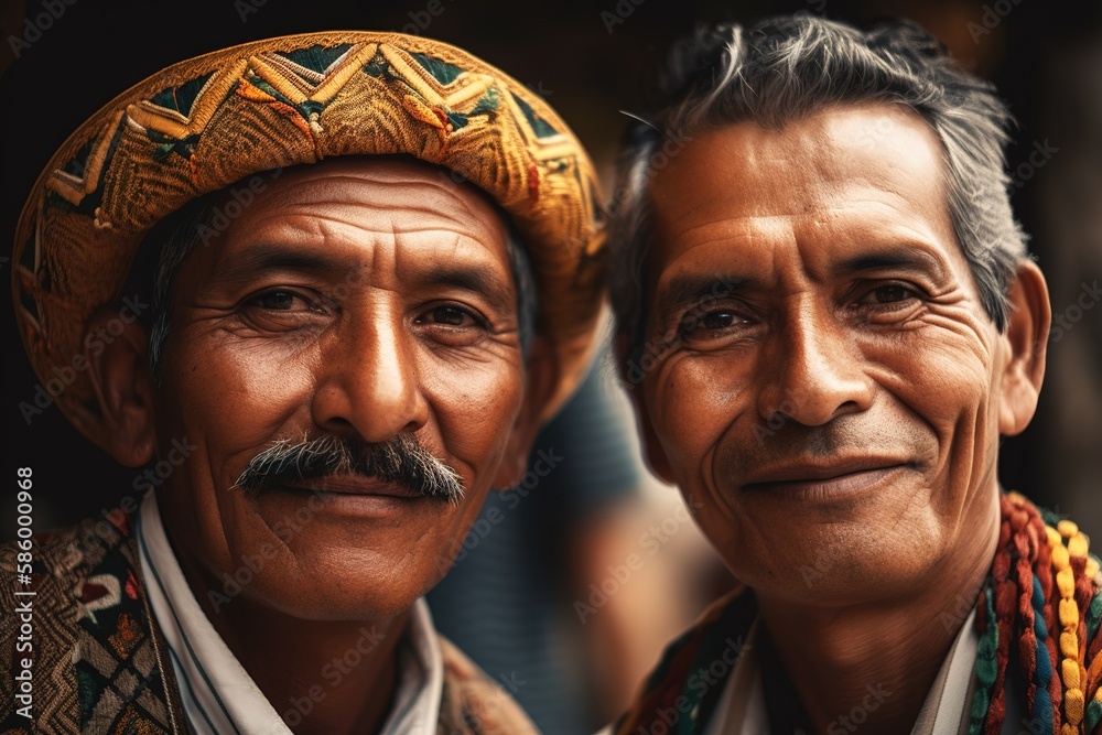 Two indigenous Mexican senior men portrait wearing traditional clothes ...