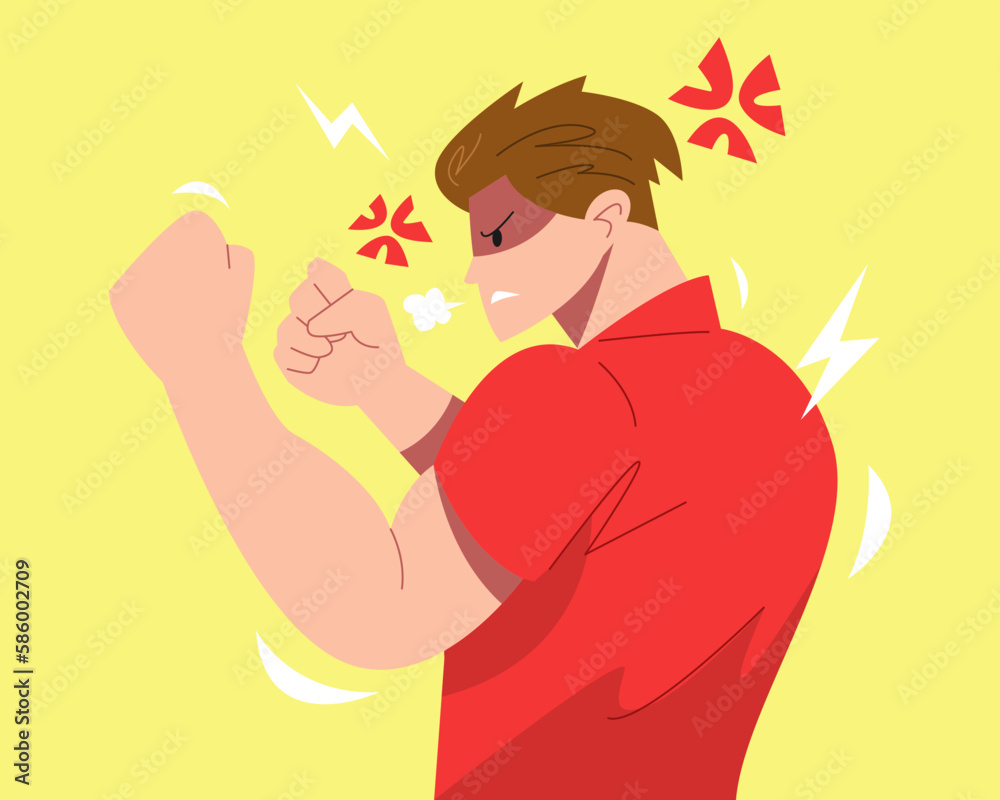 male character clenching fist. fighting pose muscle man side view ...