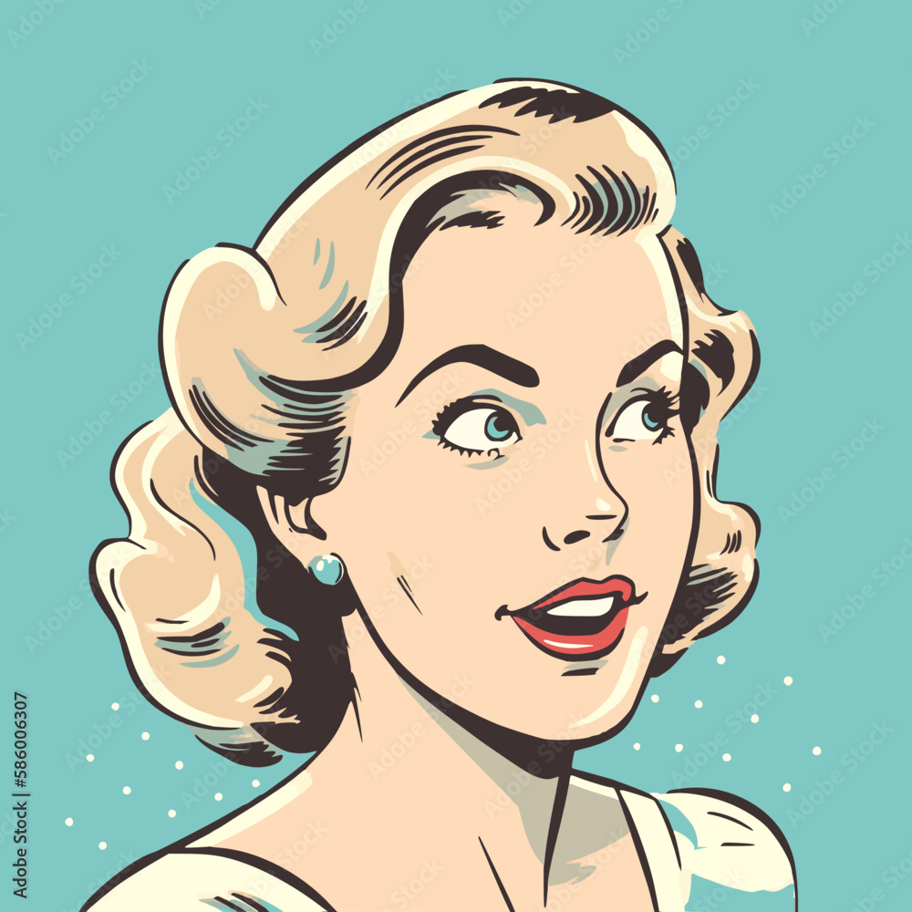 Surprised, interested young woman's facial expression in 1950s cartoon ...