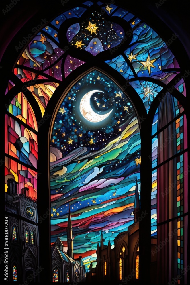 A digital illustration of a stained glass window depicting a night ...