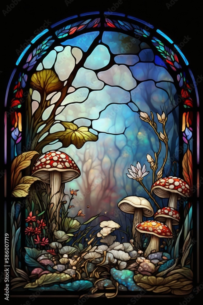 A digital illustration of a stained glass window depicting a fairyland ...