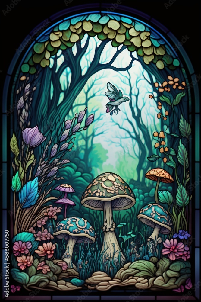 A digital illustration of a stained glass window depicting a fairyland ...