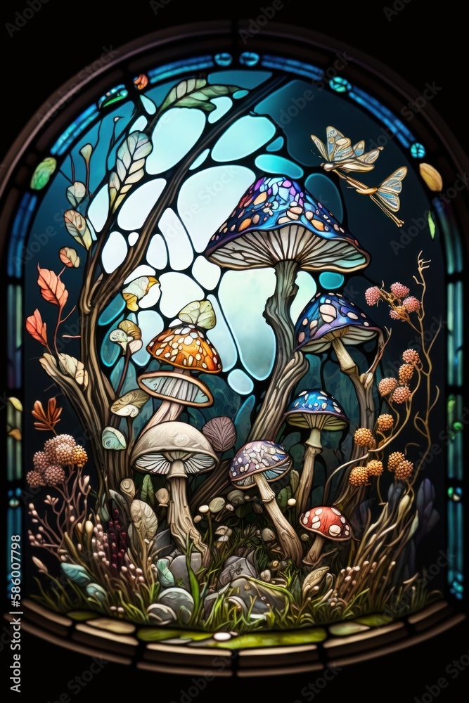 A digital illustration of a stained glass window depicting a fairyland ...