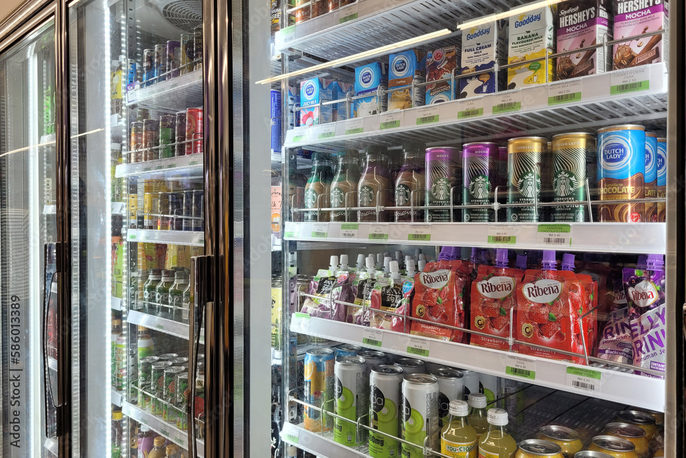 PENANG, MALAYSIA - 18 MAR 2023: Huge fridge with various choice ...