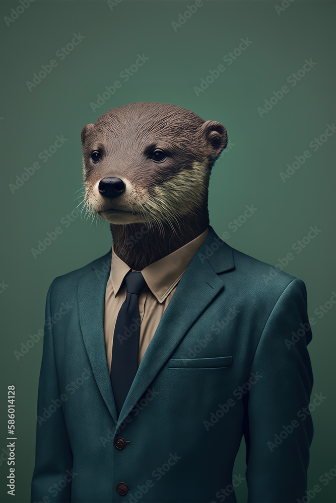 Sad and stressed working animal Male otter in a suit, working animals ...