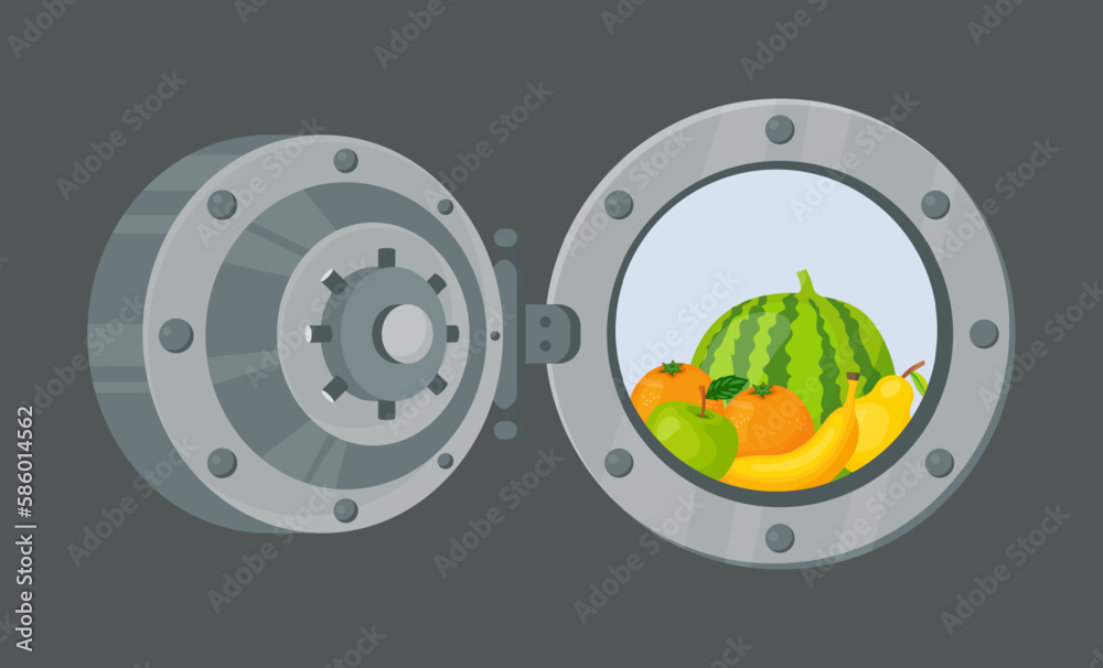 Fresh organic food behind metal door vector illustration. Cartoon ...