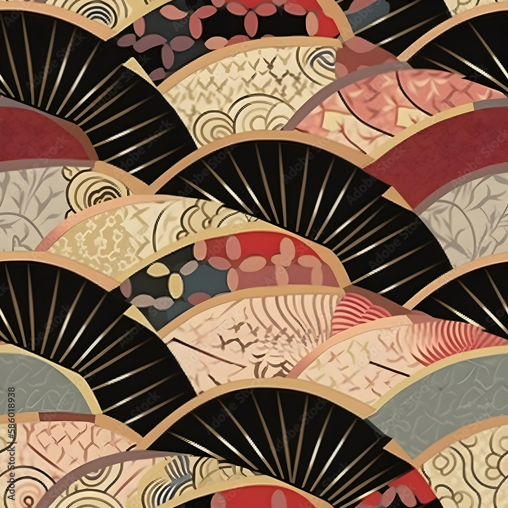 seamless, repeating oriental fan patterns in various colors, asian ...