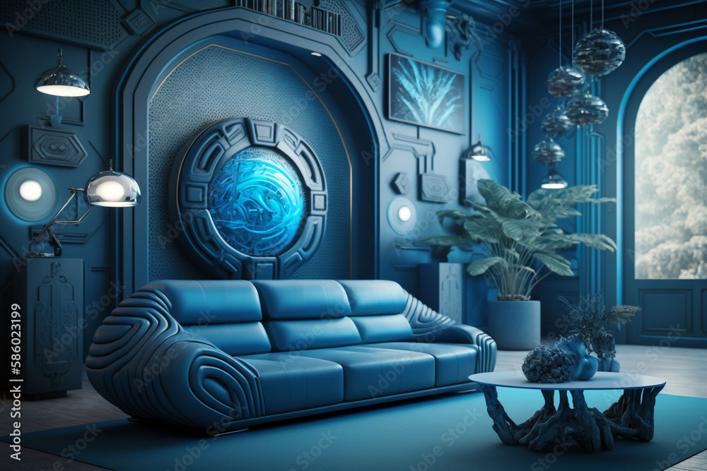 Ultra modern blue living room with futuristic sofa and furniture’s ...