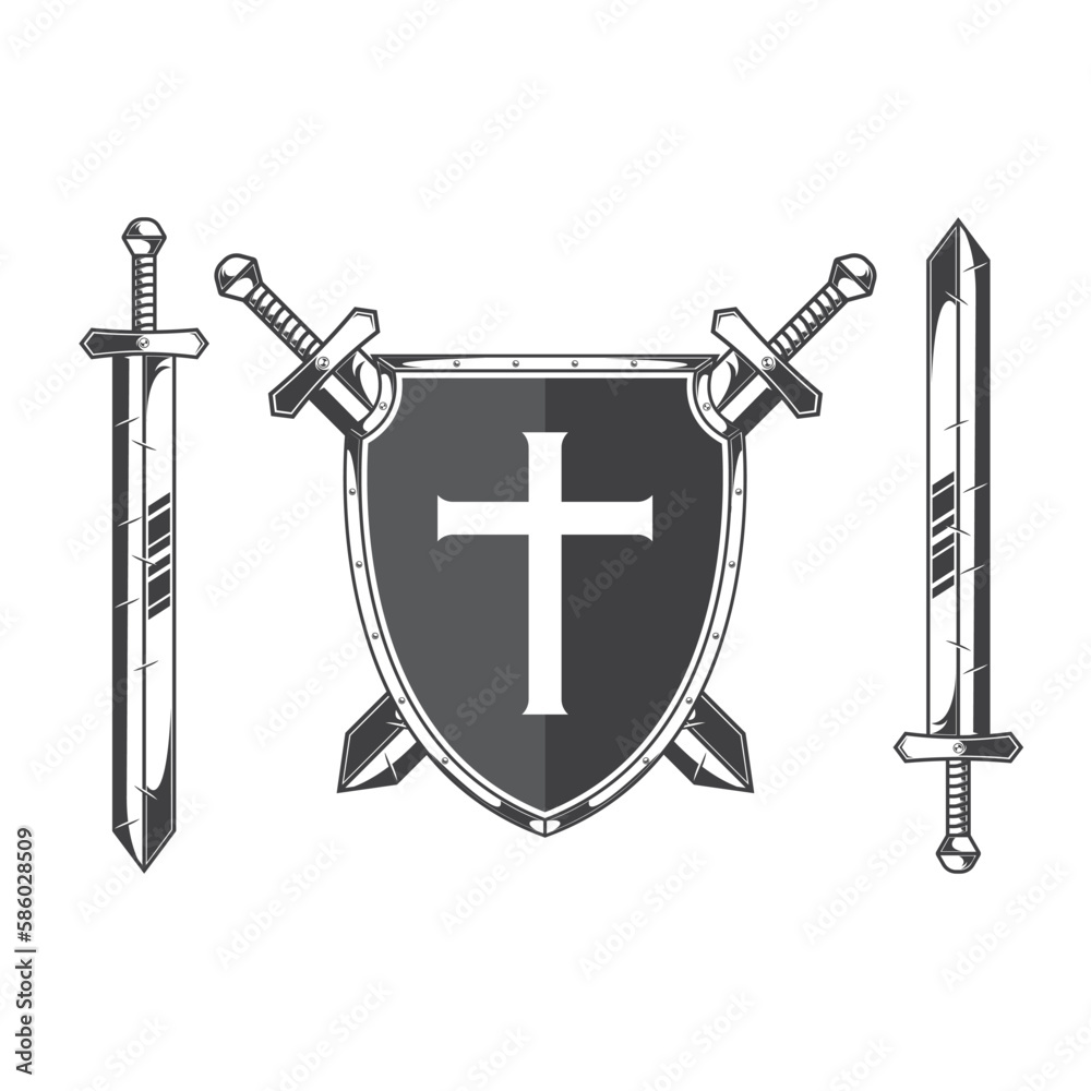 Sword Isolated Silhouette Vector With Christian Shield Cross Sword ...