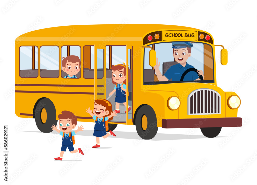 little kids boy and girl ride school bus and go home from school Stock ...