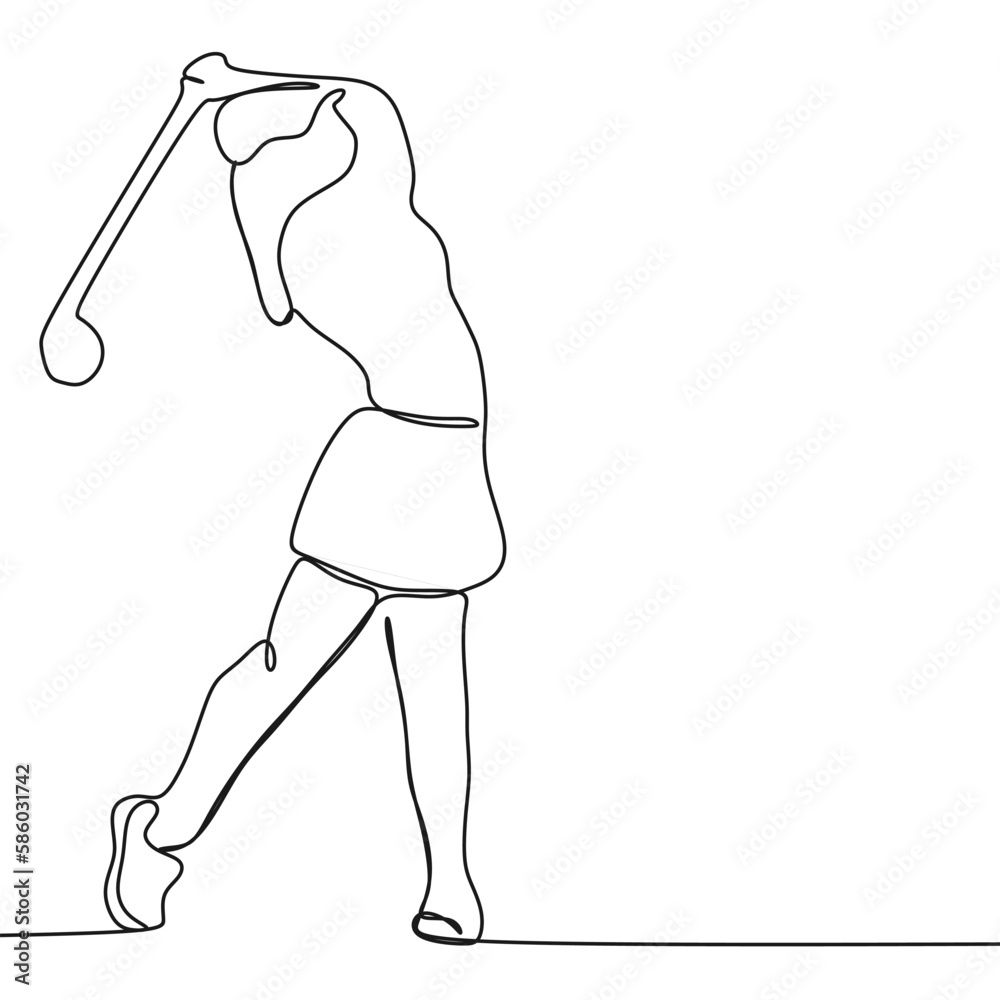 One continuous line drawing of young golf player swing golf club and ...