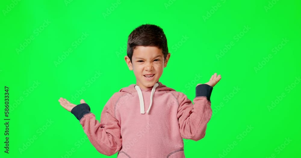 Green screen, confused and annoyed child shrugging shoulders feeling ...
