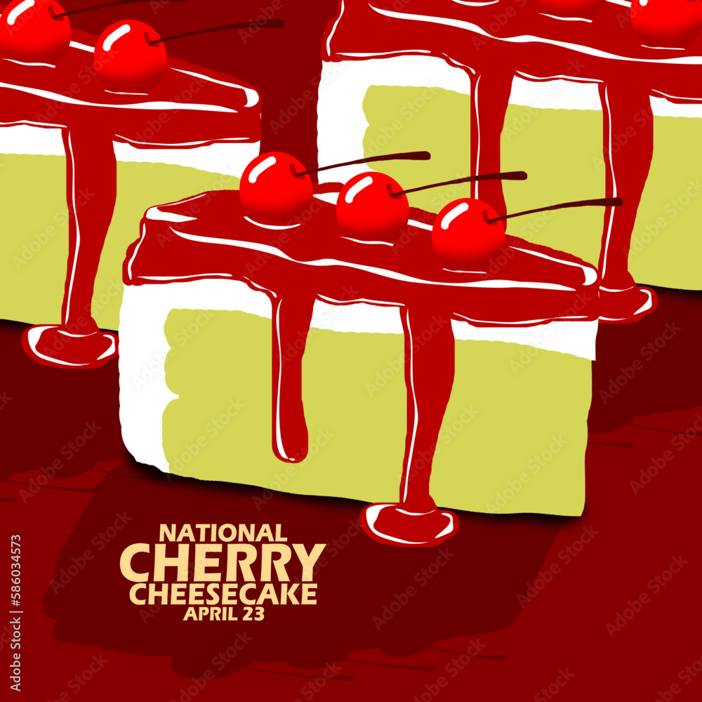 Pieces of cherry-topped cake called cherry cheesecake with bold text on ...