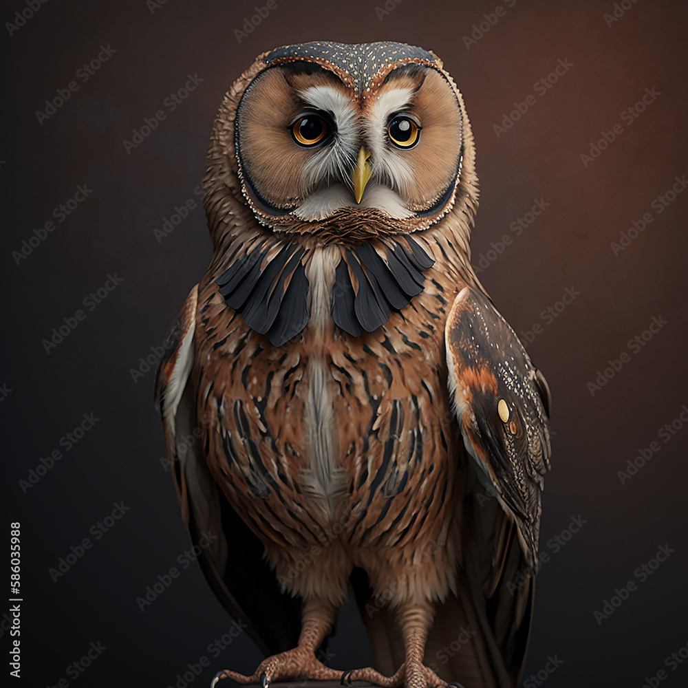 Realistic lifelike glam owl bird in black tie cocktail dress ball gala ...
