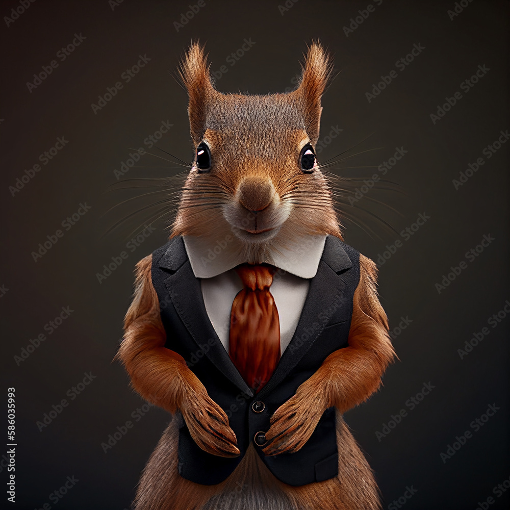 Realistic lifelike glam squirrel in black tie cocktail dress ball gala ...